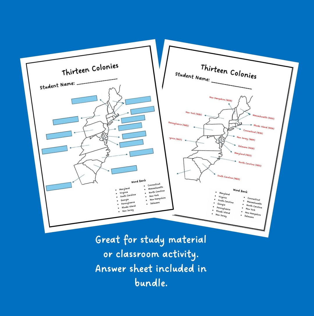 Original Thirteen Colonies Map and Answer Sheet, Educational Material ...