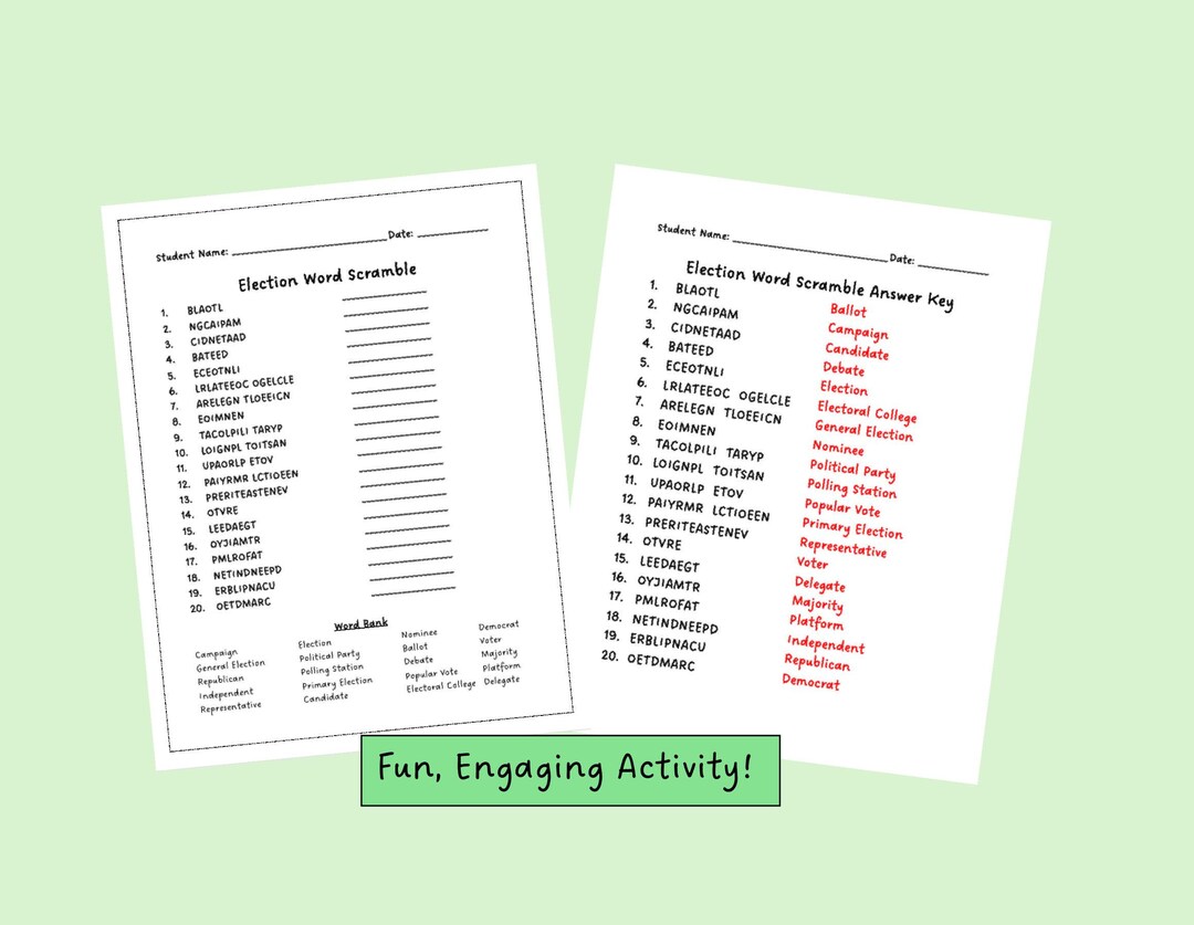 Election Word Scramble and Answer Sheet, Educational Material, U.S ...