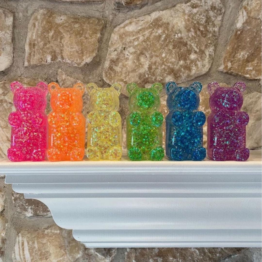 Set of Rainbow Resin Mini Gummy Bear, Rainbow Bear Set of 6, Glitter ...