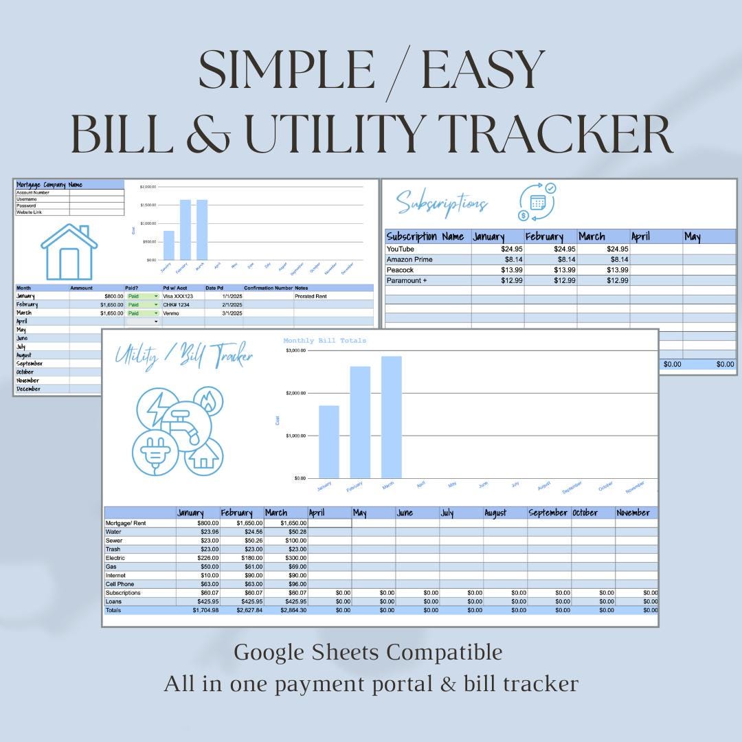 Monthly Bill & Utility Tracker Simple Google Sheets and Excel Budget ...