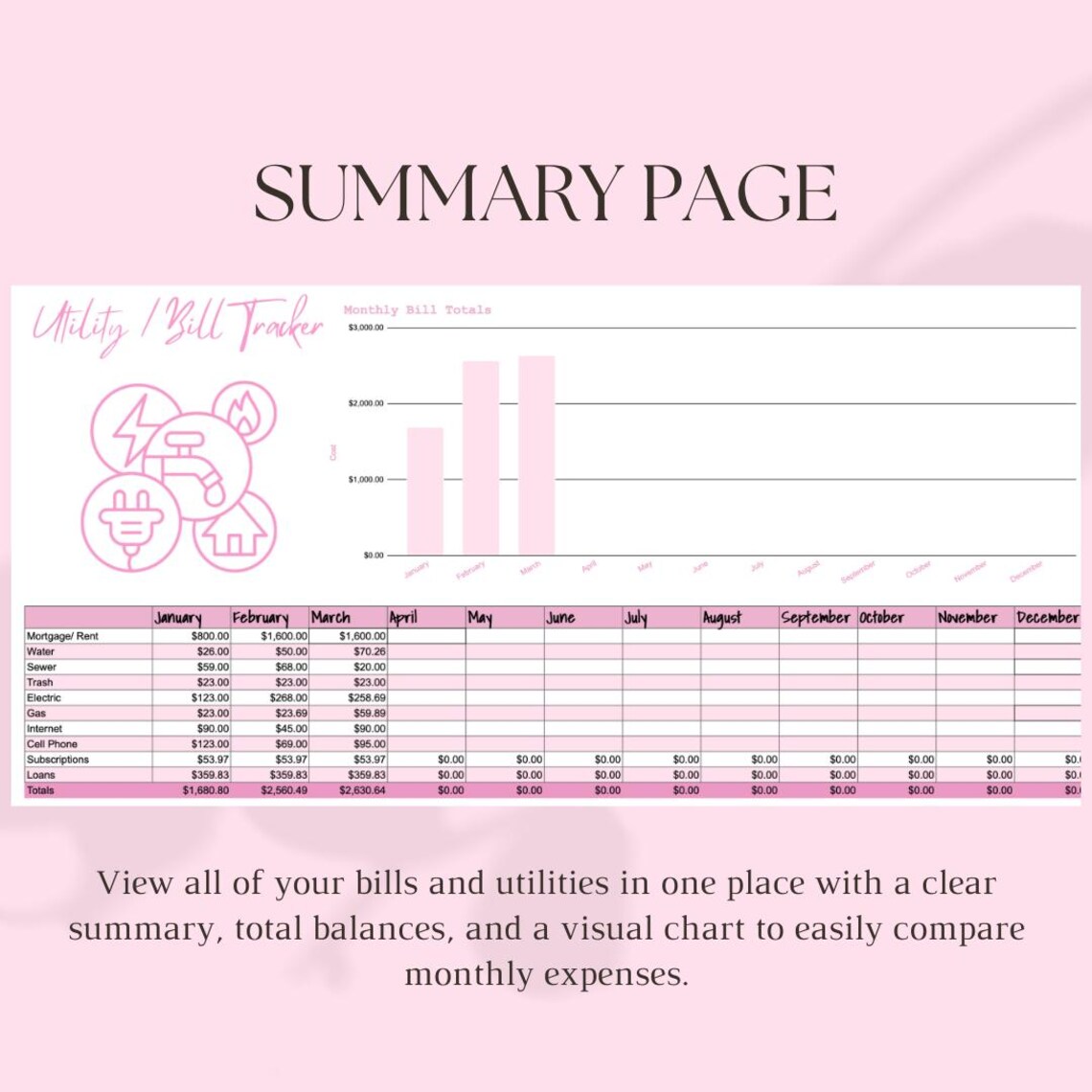 Monthly Bill & Utility Tracker | Pink | Simple Google Sheets and Excel ...