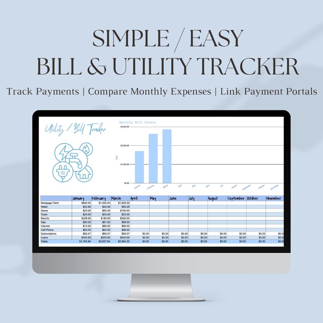 Monthly Bill & Utility Tracker | Blue | Simple Google Sheets and Excel ...