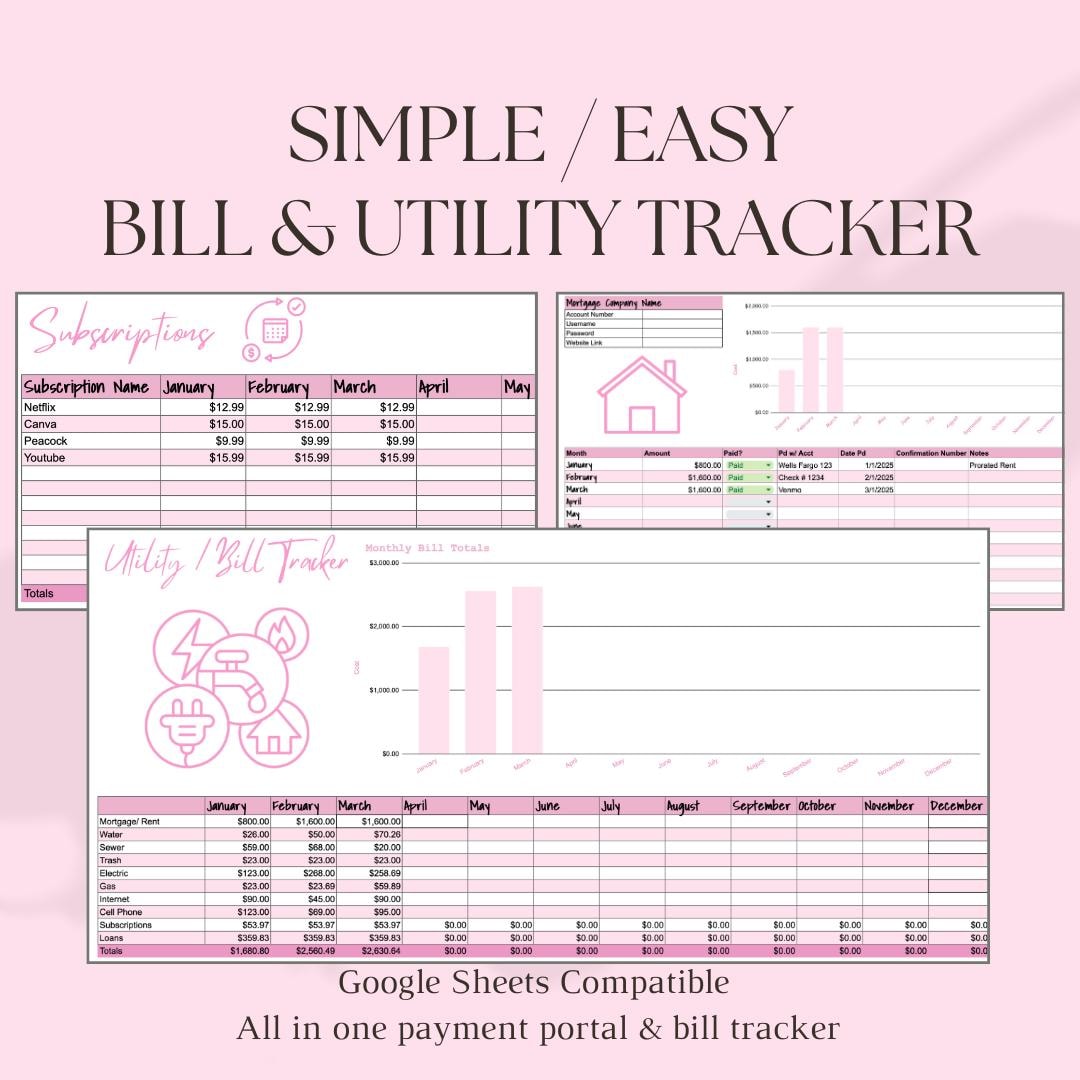 Monthly Bill & Utility Tracker | Pink | Simple Google Sheets and Excel ...