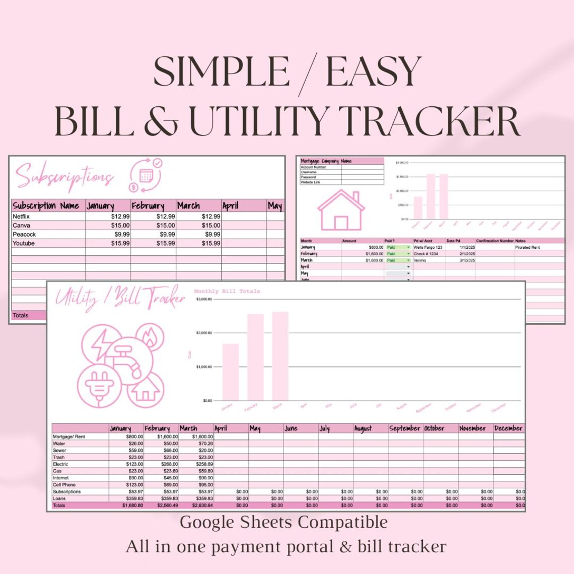 Monthly Bill & Utility Tracker | Pink | Simple Google Sheets and Excel ...