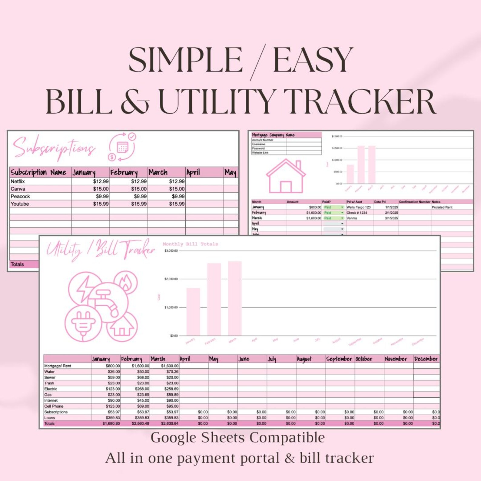 Monthly Bill & Utility Tracker | Pink | Simple Google Sheets and Excel ...