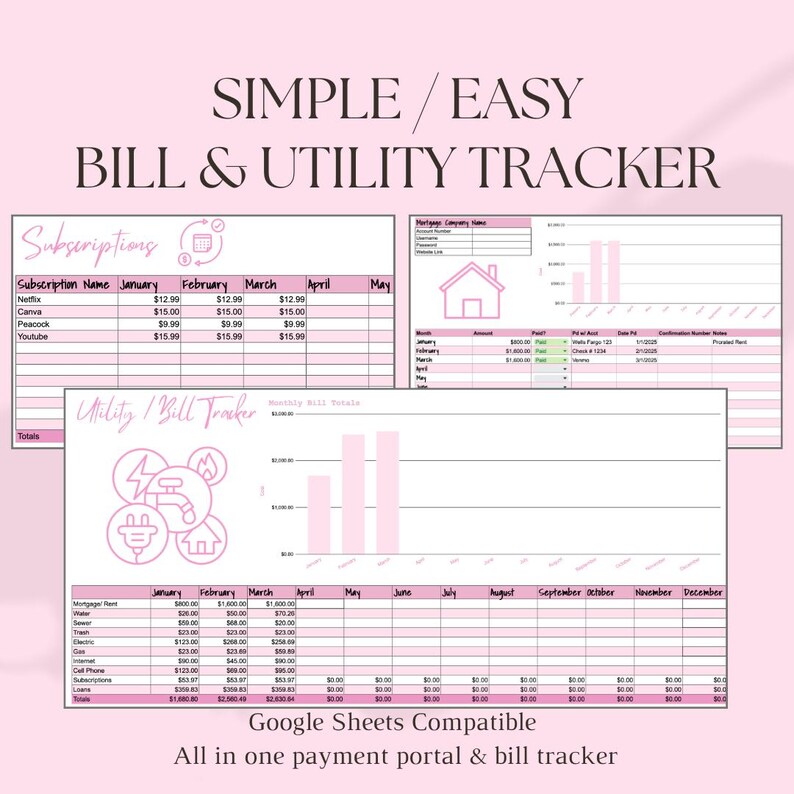Monthly Bill & Utility Tracker | Pink | Simple Google Sheets and Excel ...