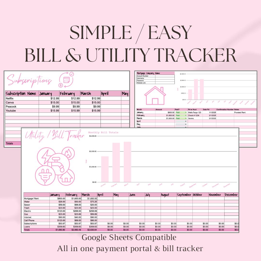 Monthly Bill & Utility Tracker | Pink | Simple Google Sheets and Excel ...