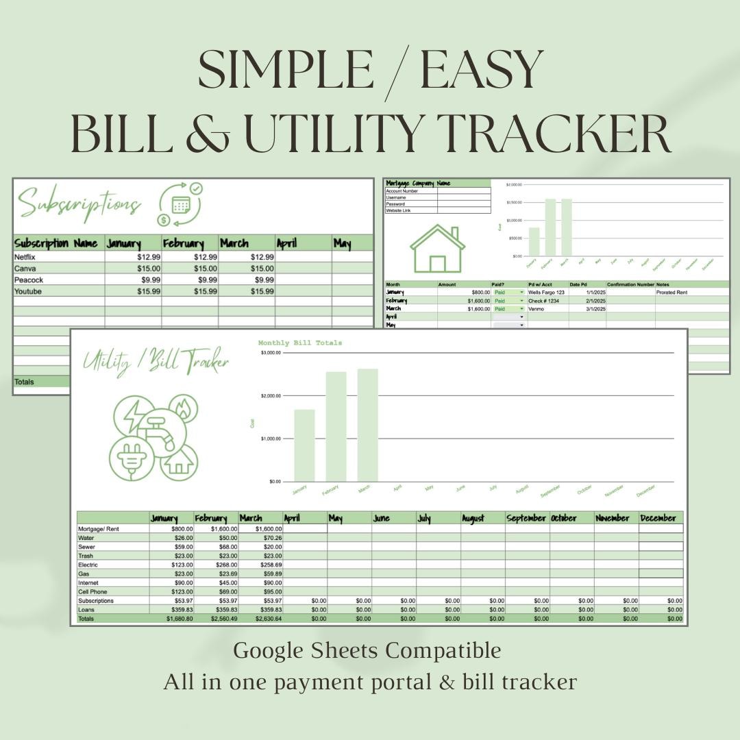 Monthly Bill & Utility Tracker | Green | Simple Google Sheets and Excel ...