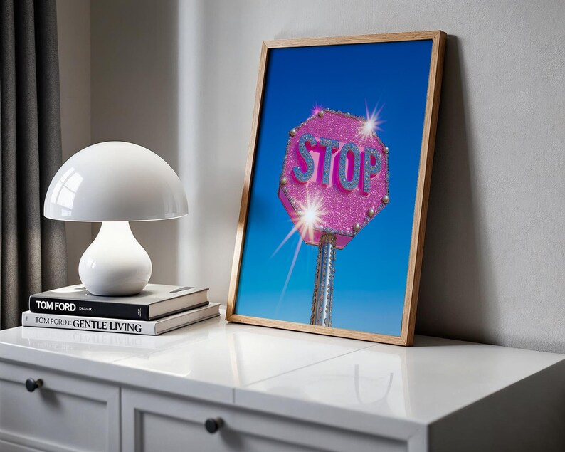 Glitter Stop Sign Print, Retro Glam Wall Art, Trendy Pop Art Poster ...