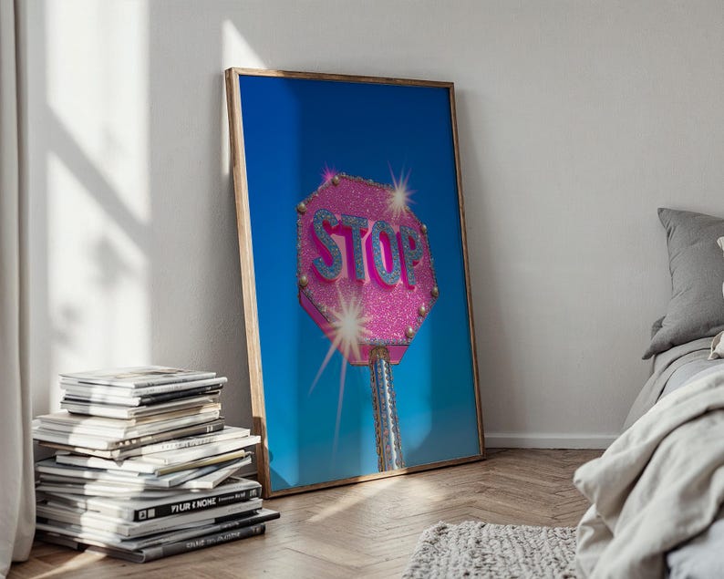 Glitter Stop Sign Print, Retro Glam Wall Art, Trendy Pop Art Poster ...