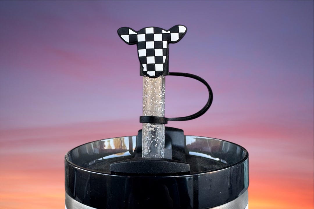 Straw Topper, Black and White Checkers Cow Head, Straw Cap, Drink ...