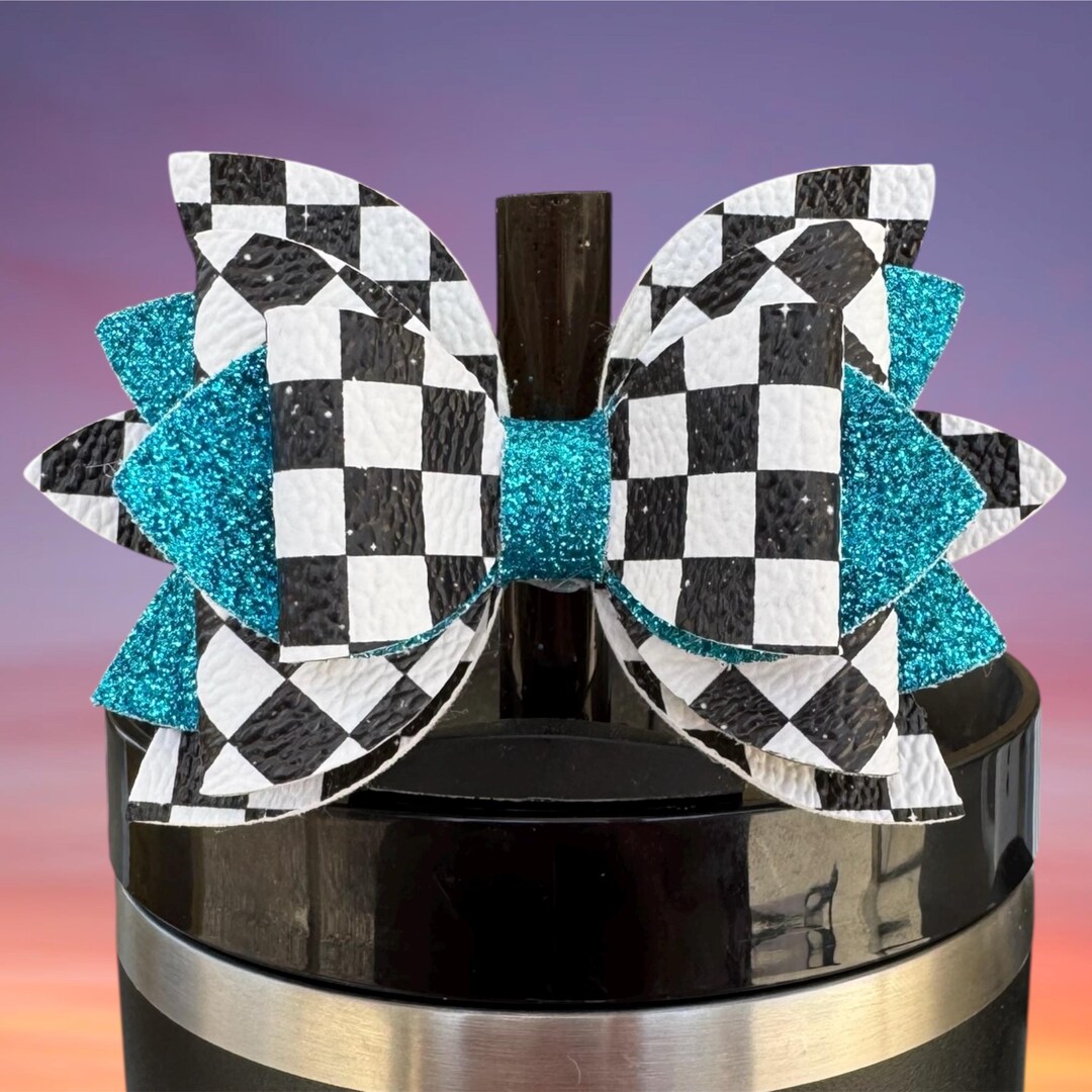 SMALL Stanley Bow, Black and White Checkers and Blue Glitter, Drink ...