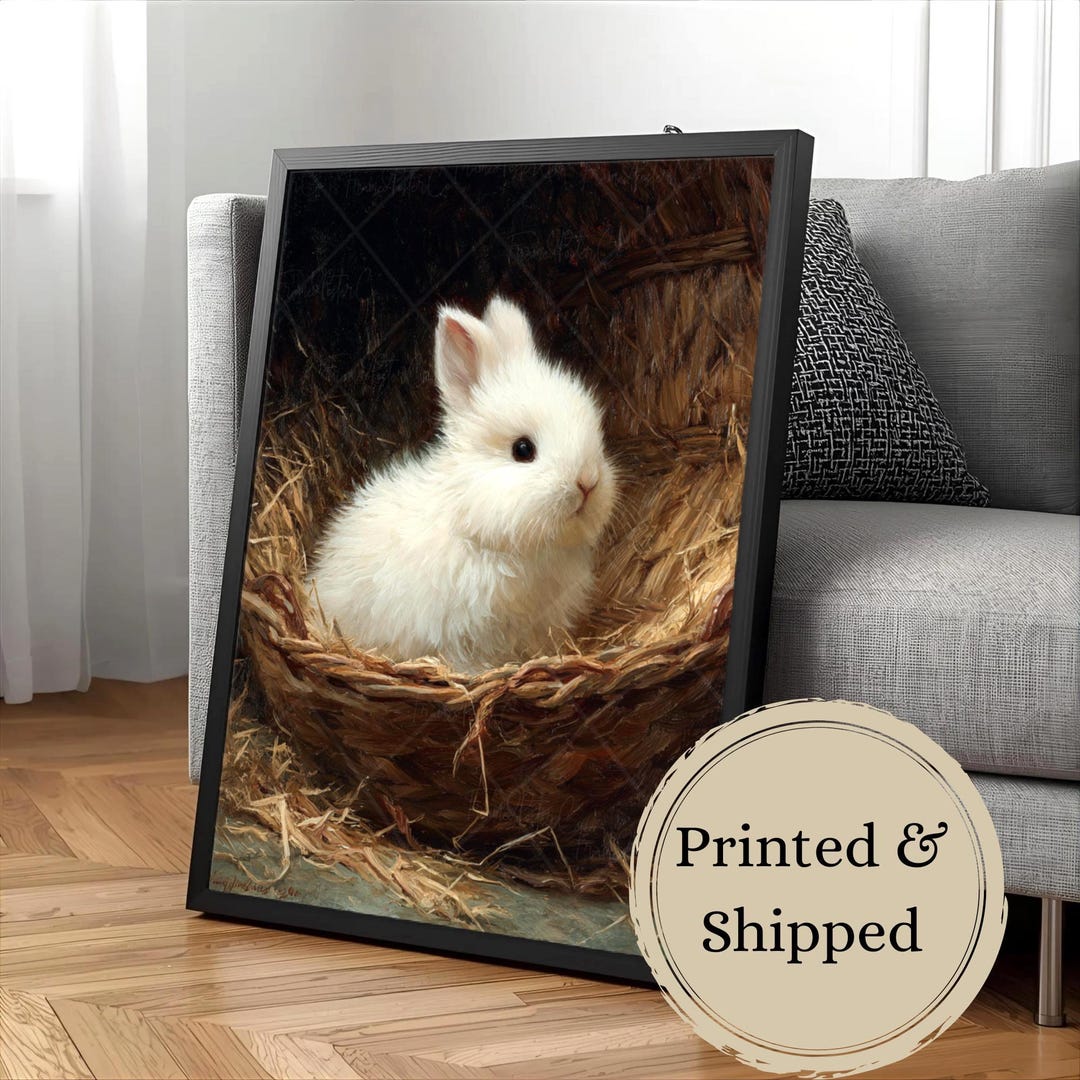 Vintage Cottagecore Rabbit Painting White Bunny in Woven Nest Wall Art ...