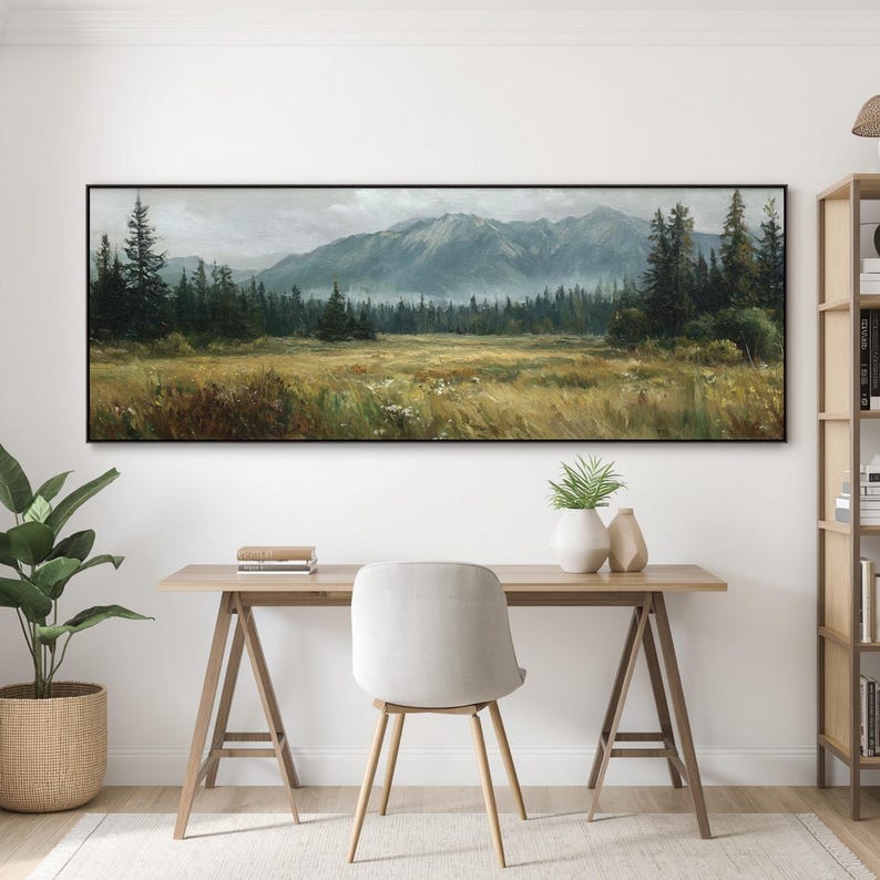 Panoramic Mountain Landscape Canvas Wall Art, Alpine Meadow Painting ...