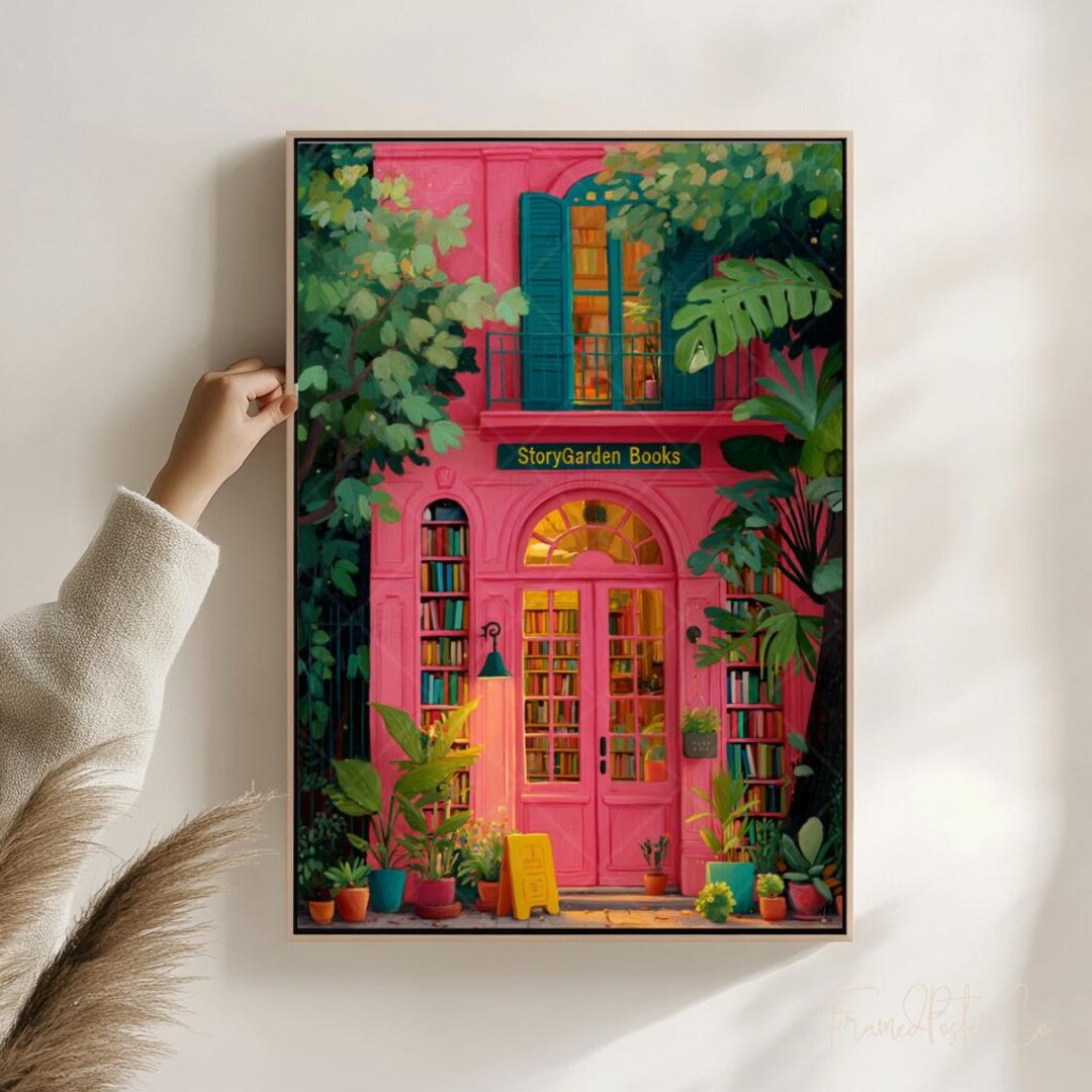 Pink Bookstore Wall Art Botanical Bookshop Canvas Print Retro Bookstore ...