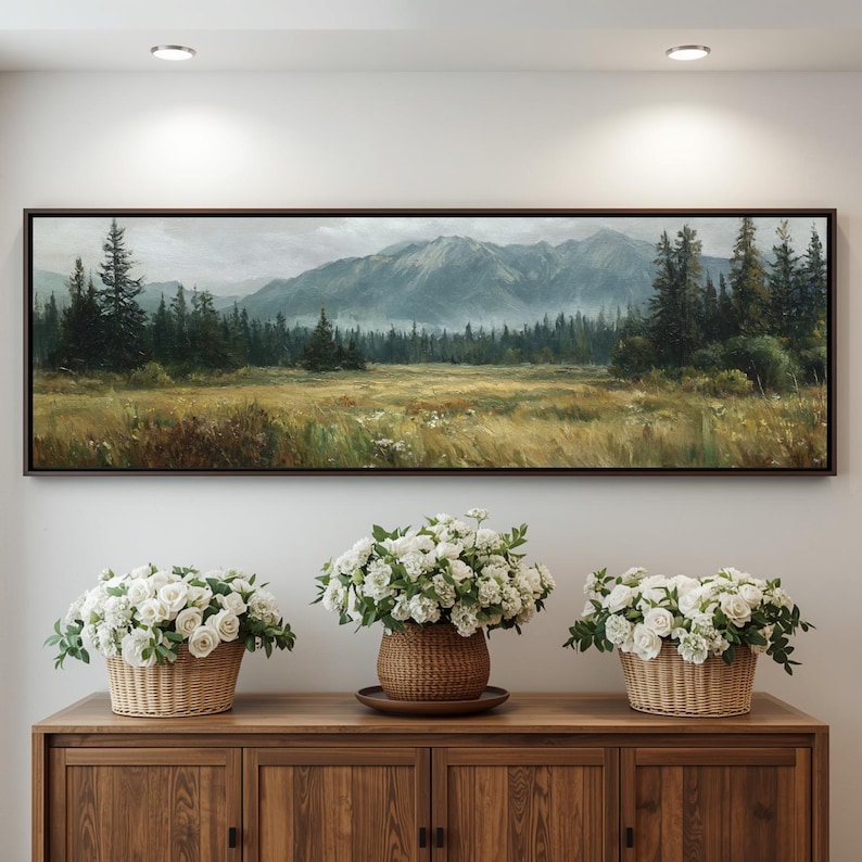 Panoramic Mountain Landscape Canvas Wall Art, Alpine Meadow Painting ...