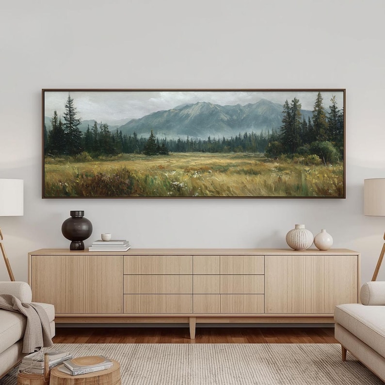Panoramic Mountain Landscape Canvas Wall Art, Alpine Meadow Painting ...