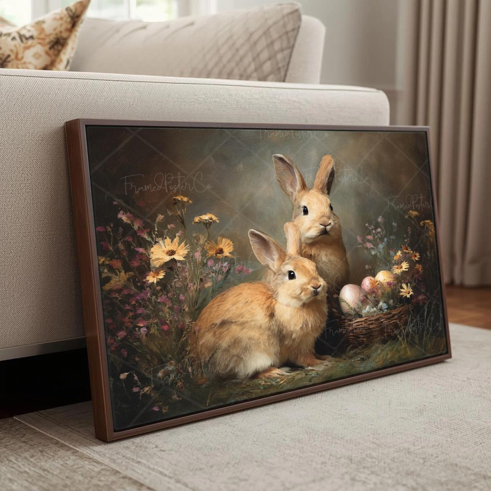 Spring Rabbits Floral Artwork Easter Bunny Wall Art Print Cottage ...