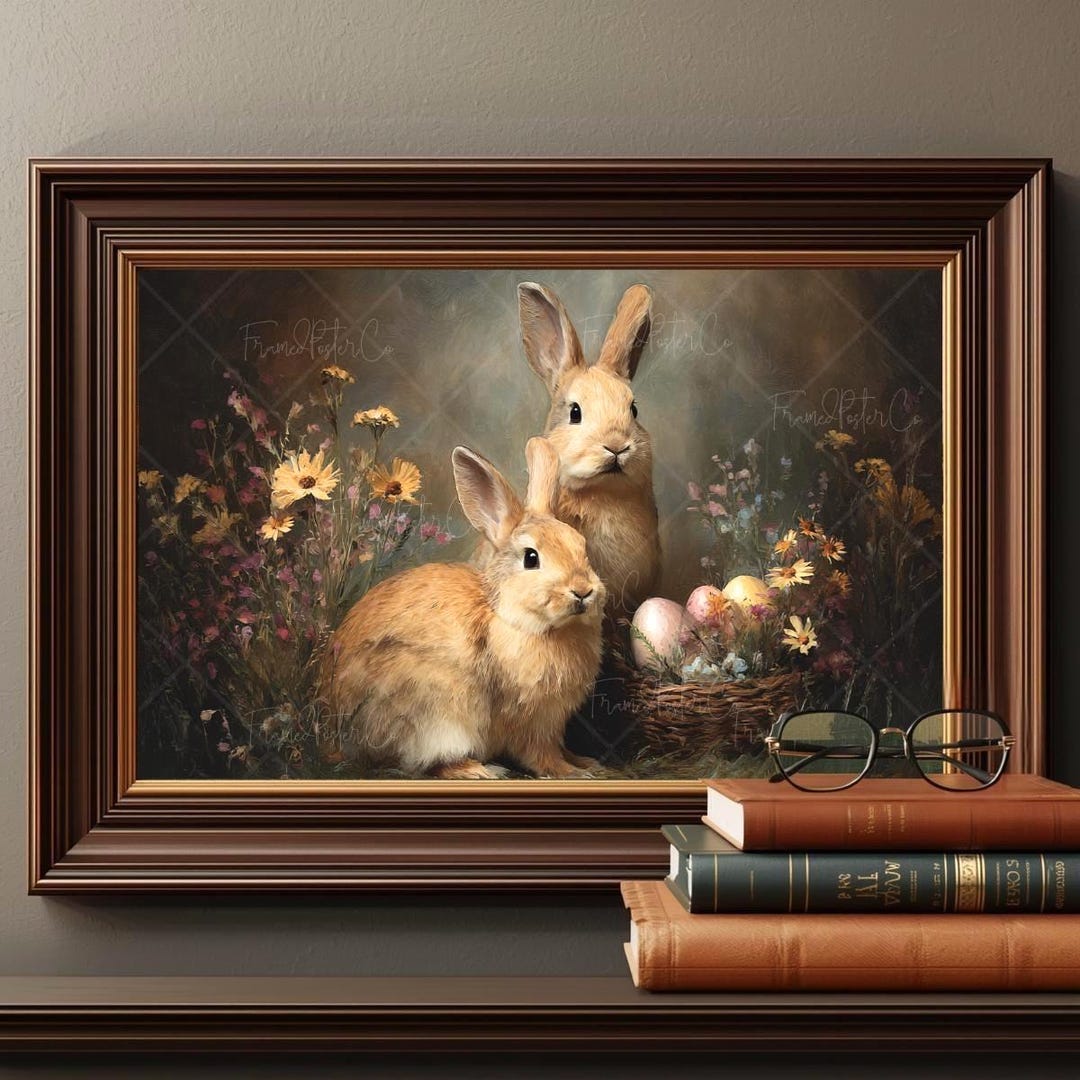 Spring Rabbits Floral Artwork Easter Bunny Wall Art Print Cottage ...