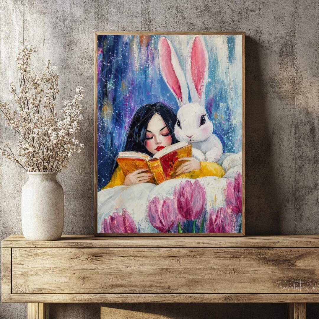Girl Reading Print Spring Reading Nook Decor Bunny Reading Book Art ...