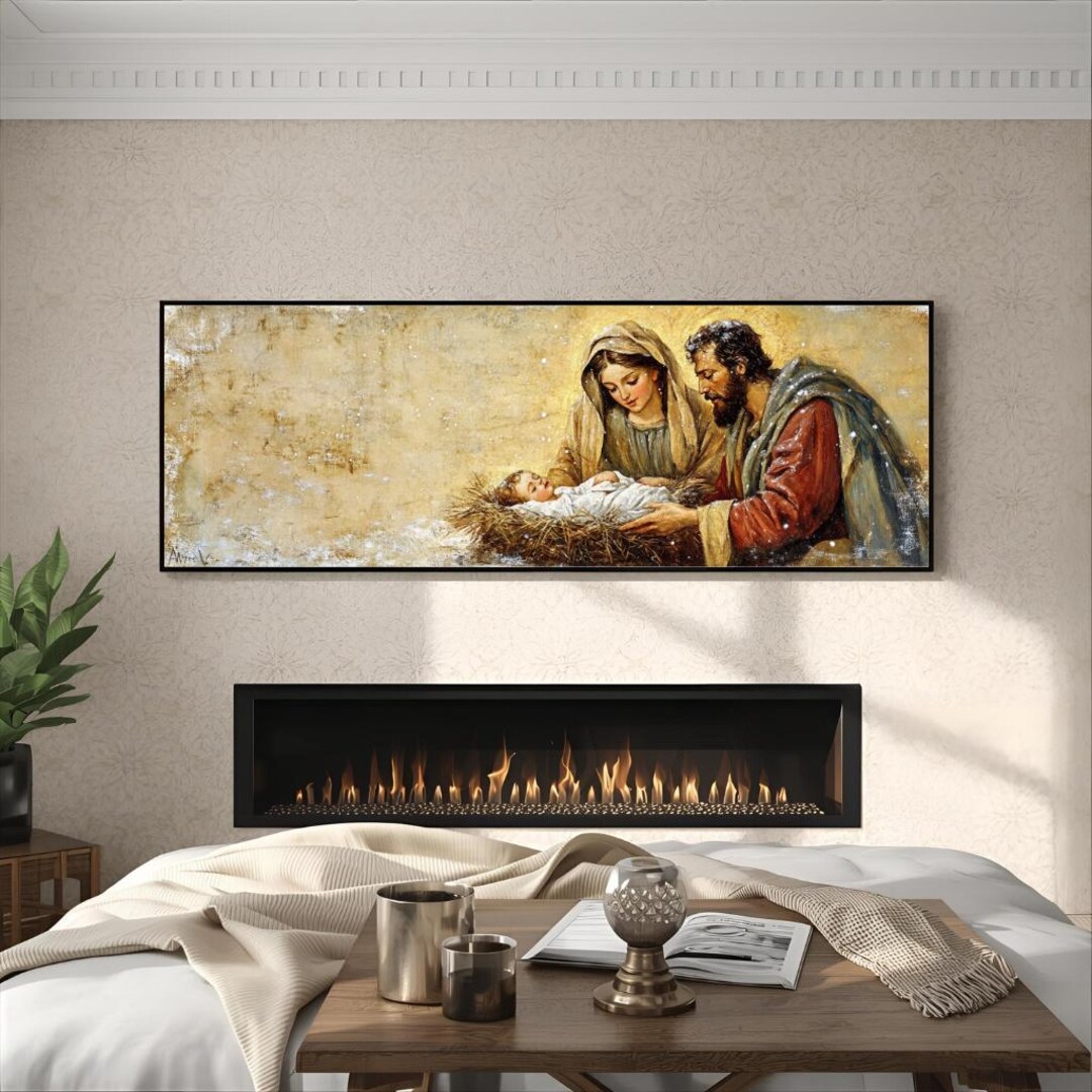 Vintage Nativity Scene Wall Art Holy Family in Wooden Manger Baby Jesus ...