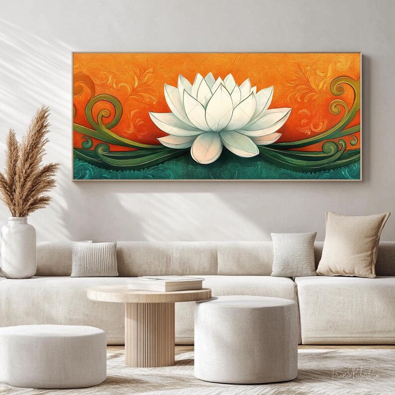 White Lotus Flower Framed Canvas Print, Indian Teal Orange Floral Art ...