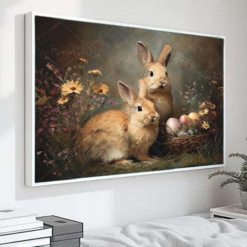 Spring Rabbits Floral Artwork Easter Bunny Wall Art Print Cottage ...