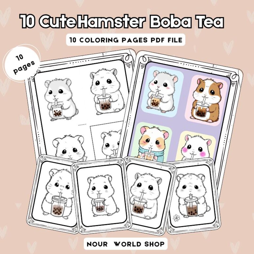 10 Cute Hamster Boba Tea Coloring Pages | Kawaii Bubble Tea Coloring ...