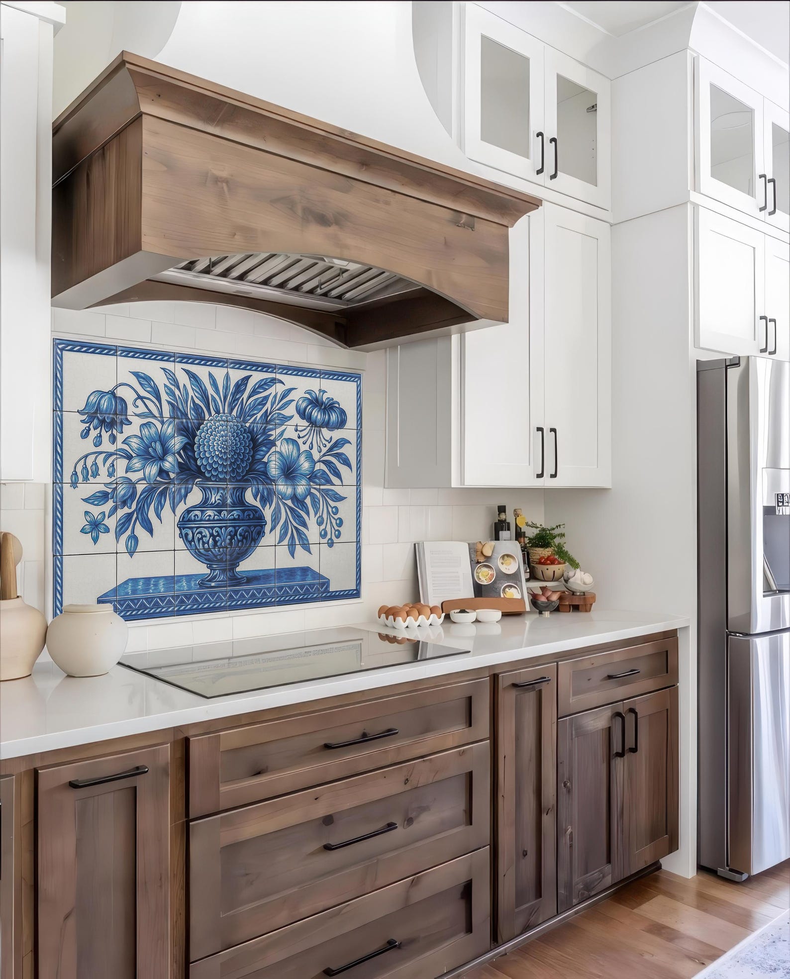 Delft Blue Floral Vase Tile Mural – Vintage Azulejo Ceramic Wall Art ...