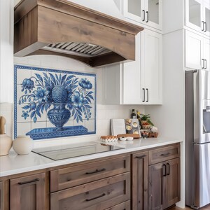 Delft Blue Floral Vase Tile Mural – Vintage Azulejo Ceramic Wall Art ...