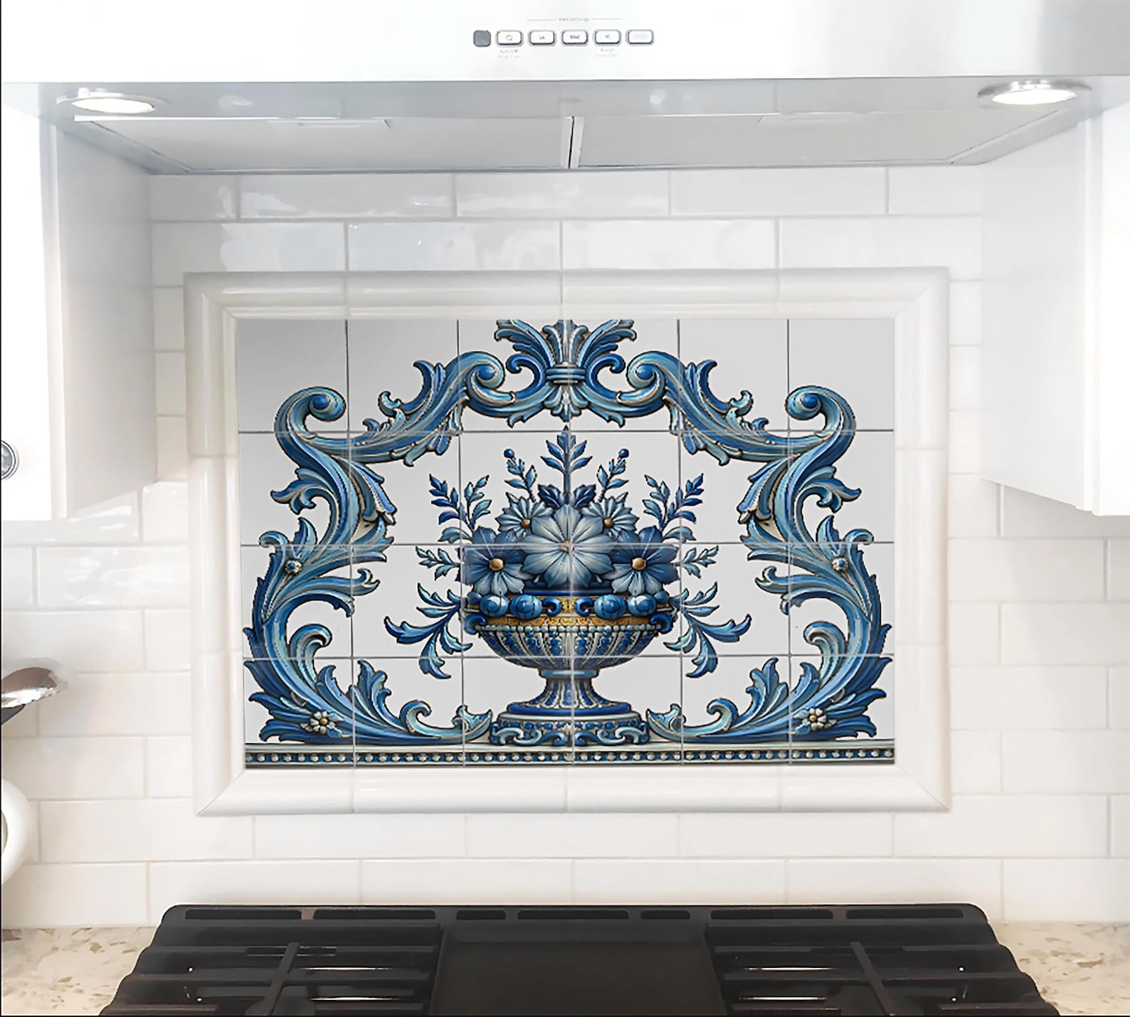 Delft Blue Baroque Floral Tile Backsplash – Mediterranean Ceramic Art ...