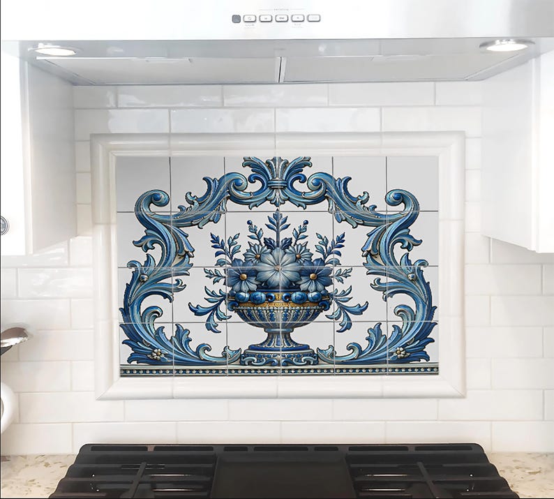 Delft Blue Baroque Floral Tile Backsplash – Mediterranean Ceramic Art ...