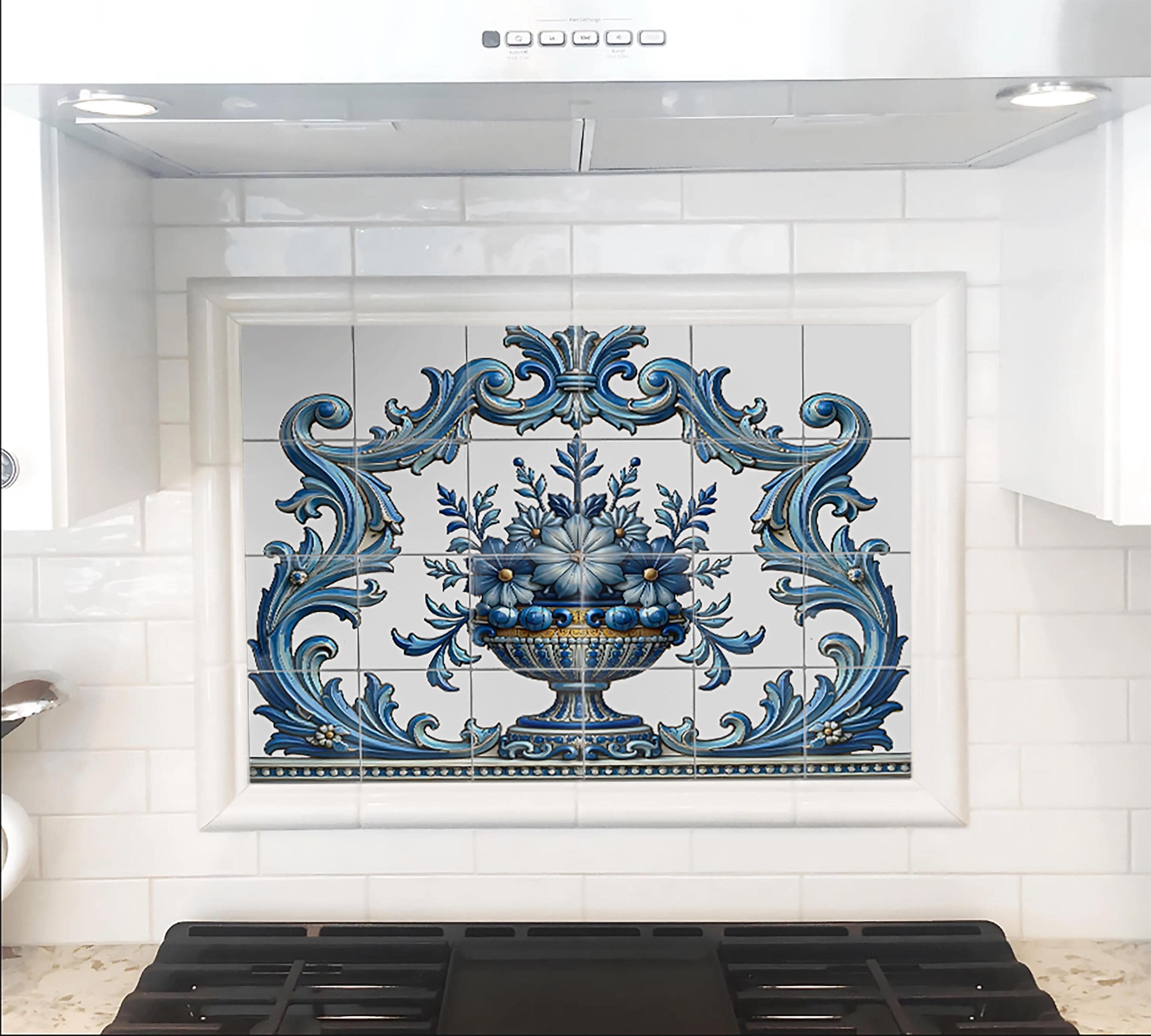 Delft Blue Baroque Floral Tile Backsplash – Mediterranean Ceramic Art ...