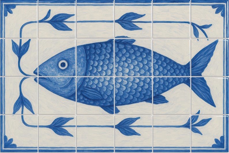 Delft Blue Fish Tile Mural – Hand-glazed Mediterranean Art - Backsplash ...