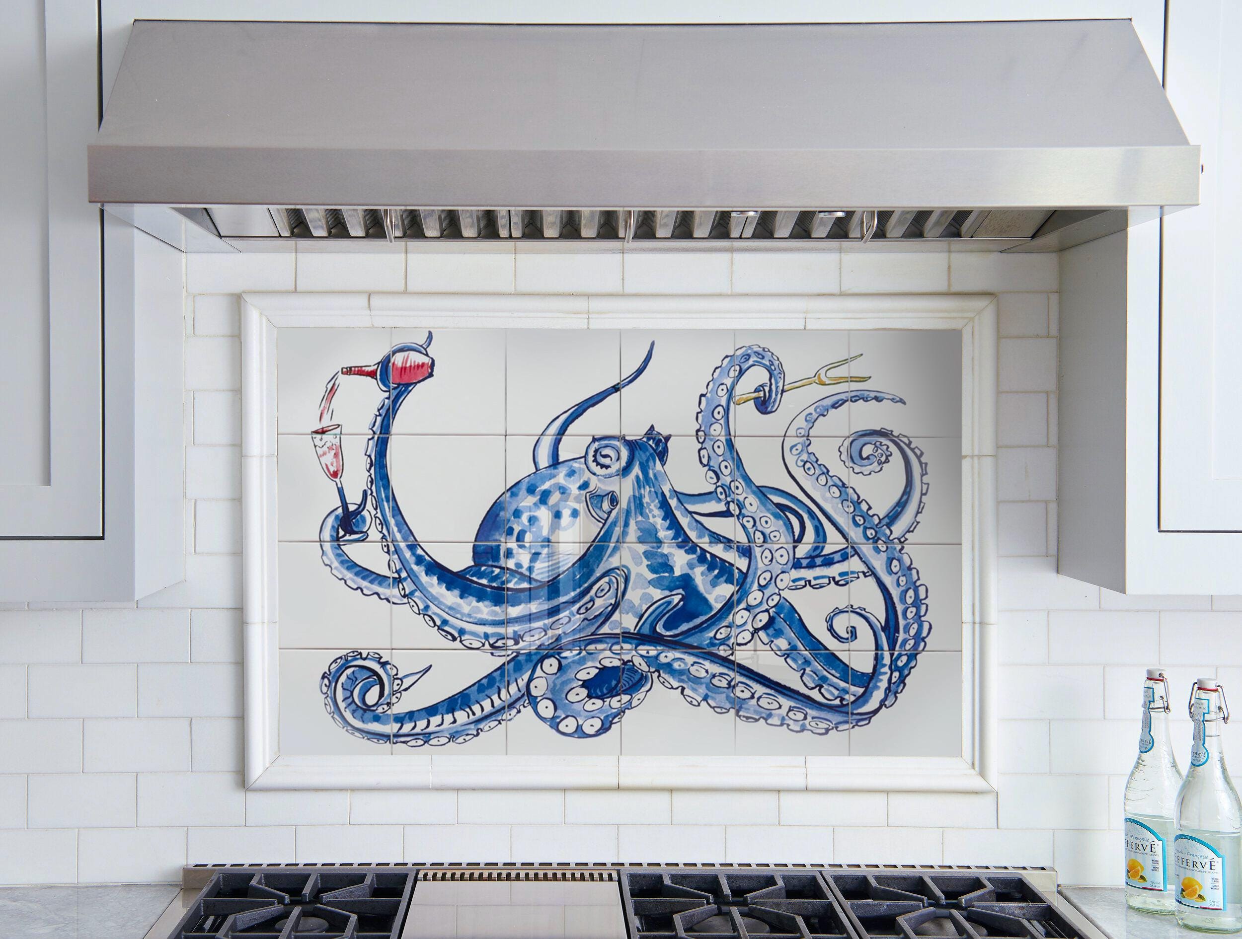 Blue Octopus Tile Mural – Splashback - Mediterranean Nautical Ceramic ...