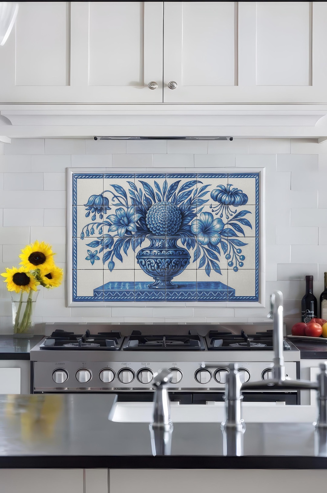 Delft Blue Floral Vase Tile Mural – Vintage Azulejo Ceramic Wall Art ...