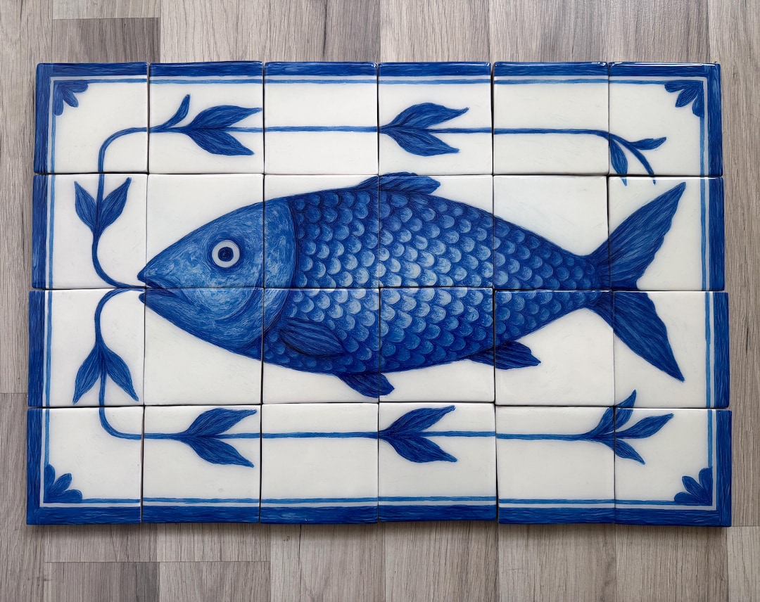 Ceramic Delft Blue Fish Wall Tile Panel – Coastal Kitchen Backsplash - Etsy