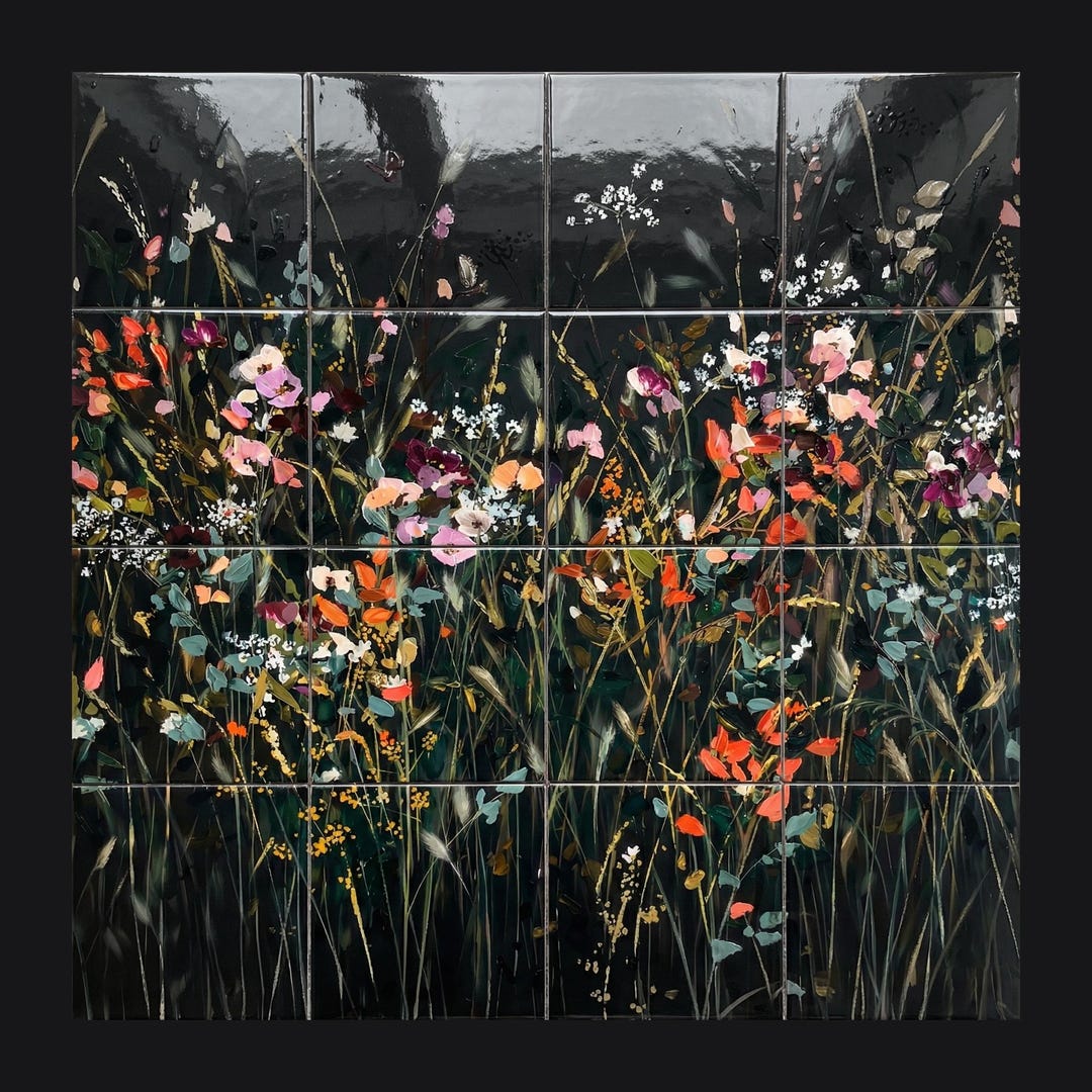 Dark Floral Tile Mural, Moody Botanical Wall Art, Black Ceramic Stove ...