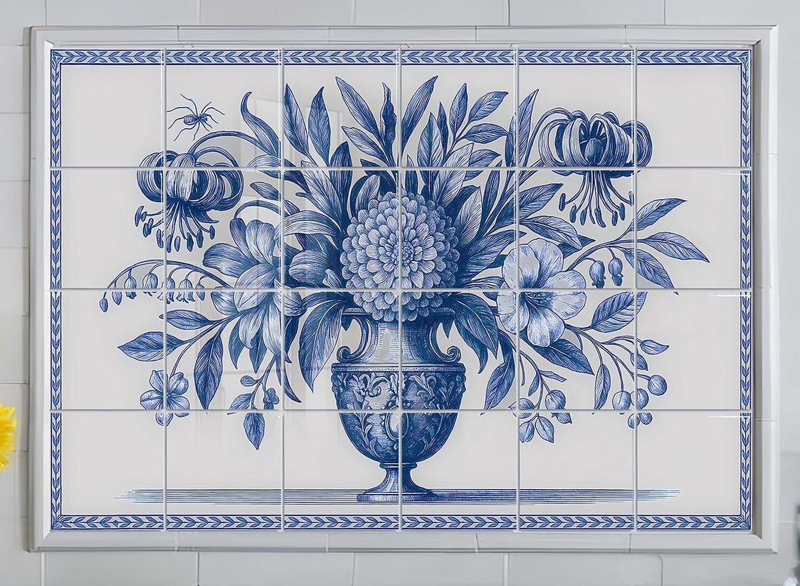 Delft Blue Floral Vase Tile Mural – Vintage Azulejo Ceramic Wall Art ...