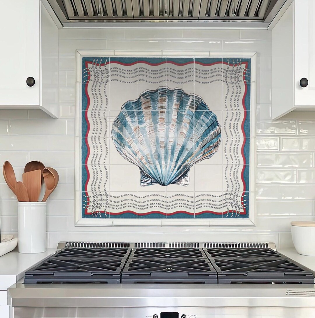 Handmade Scallop Shell Tile Mural for Coastal Kitchen Backsplash ...