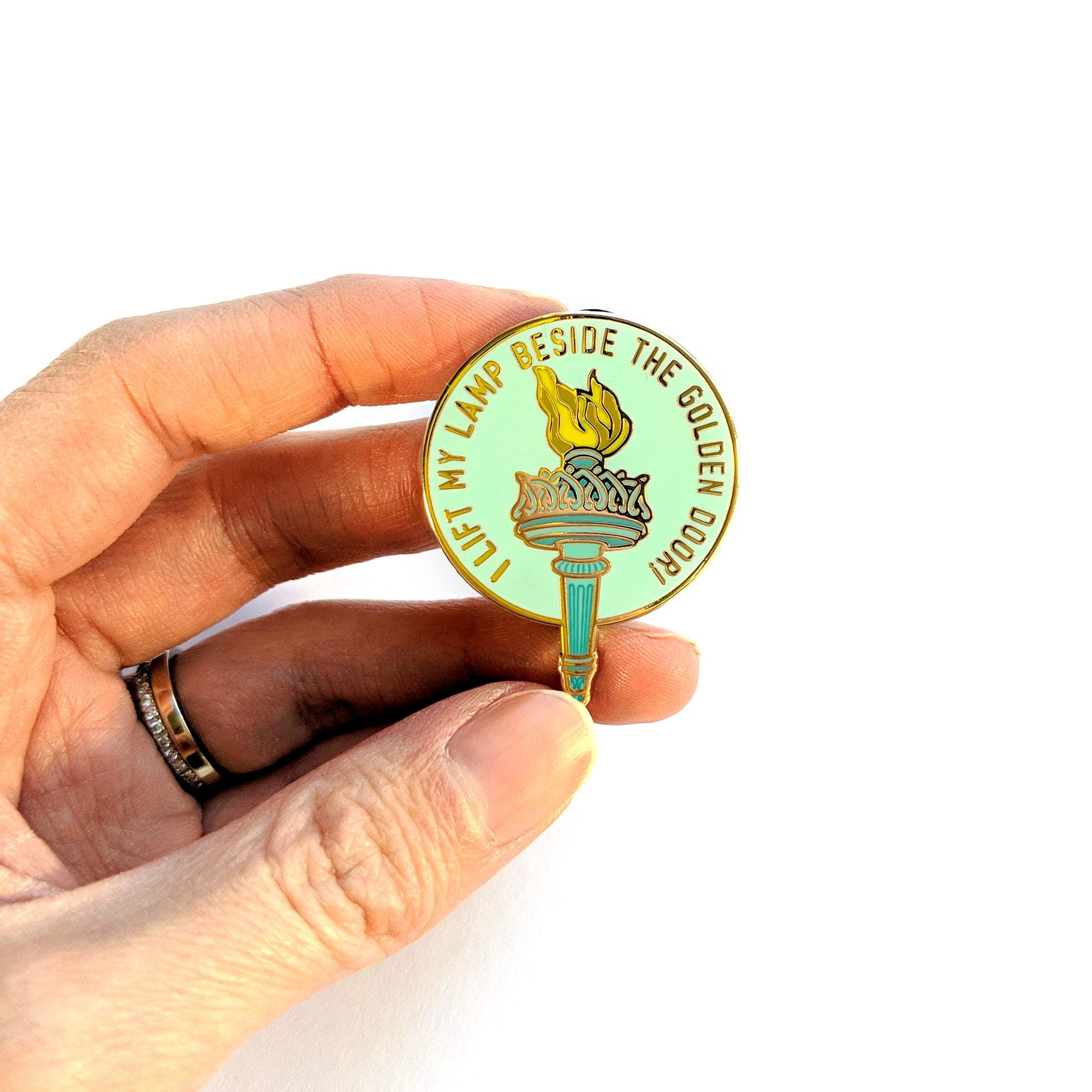 I Lift My Lamp Beside the Golden Door Pin, Immigration Enamel Pin - Etsy