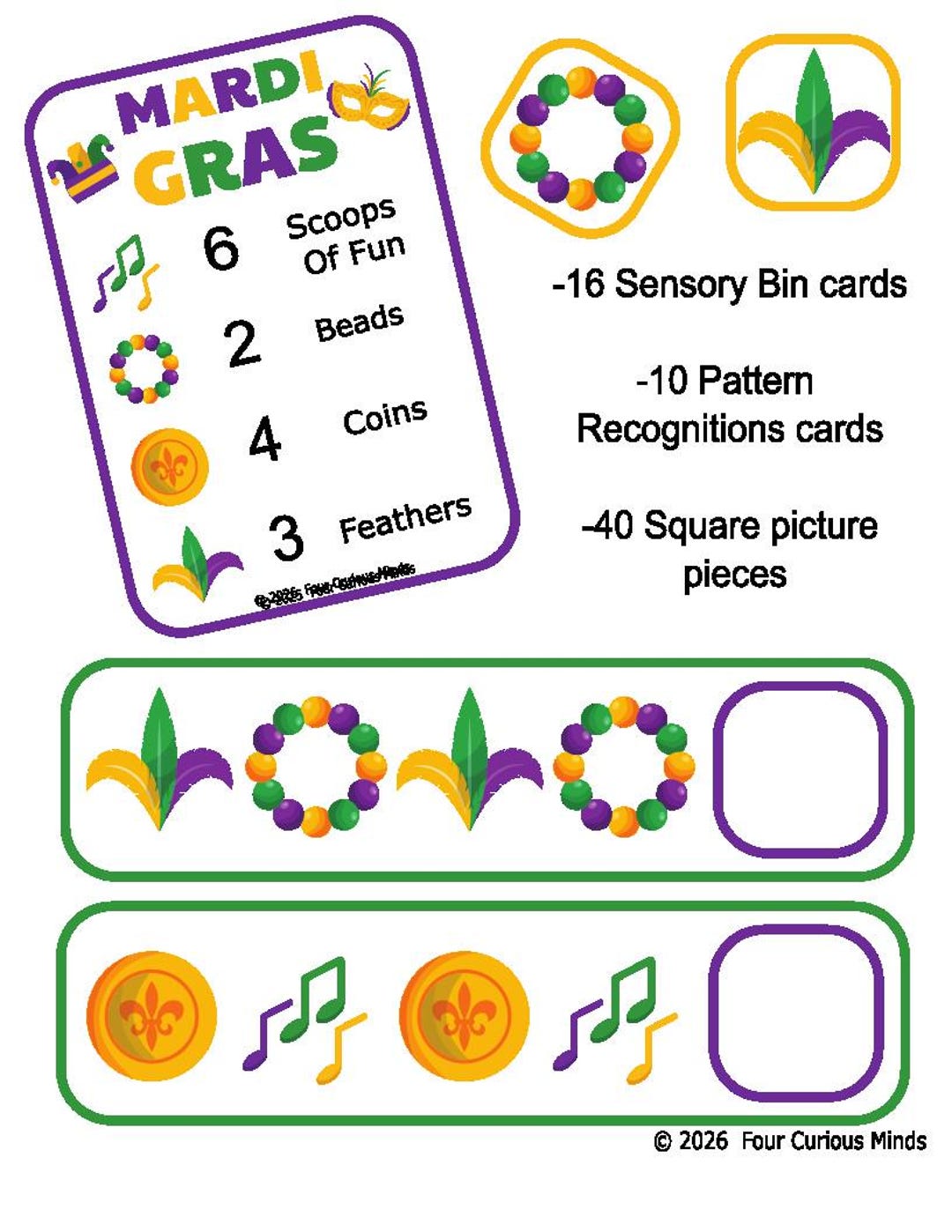 Mardi Gras Sensory Bin Printable | Preschool Counting, Sorting | Beads ...