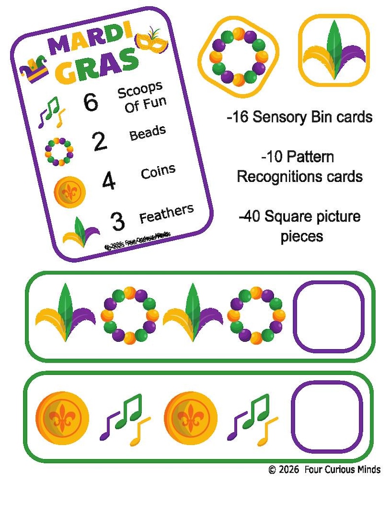Mardi Gras Sensory Bin Printable | Preschool Counting, Sorting | Beads ...