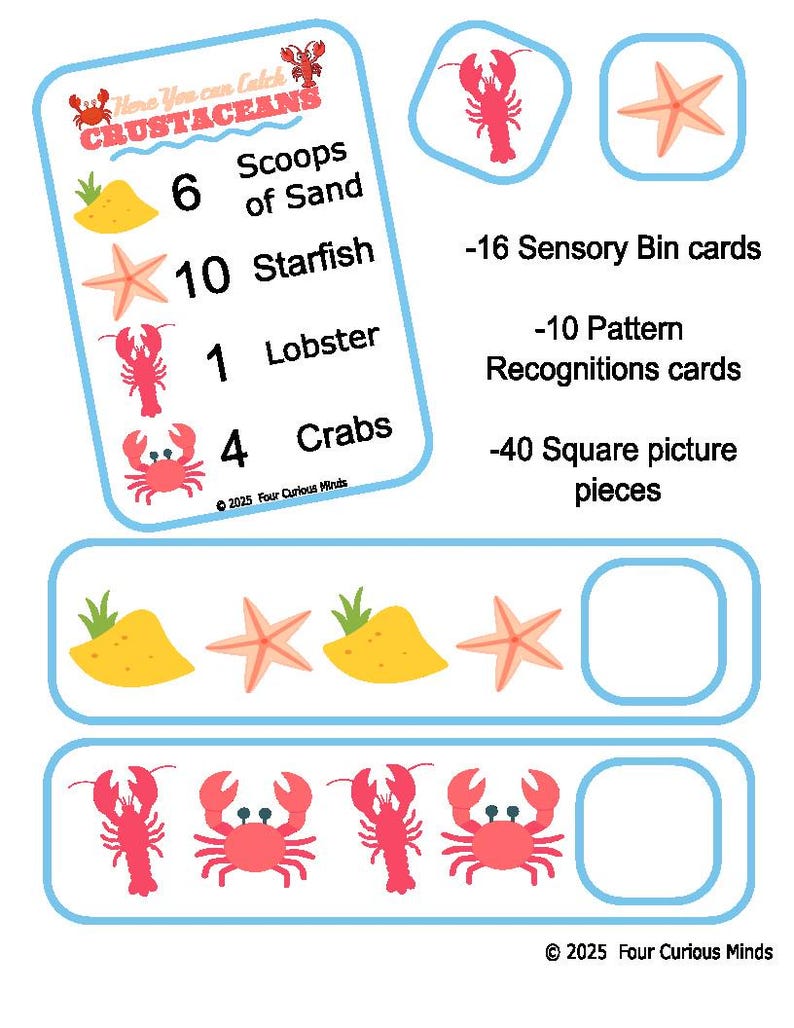 Ocean Sensory Bin Cards & Patterns, Lobsters, Crabs, Starfish Themed ...