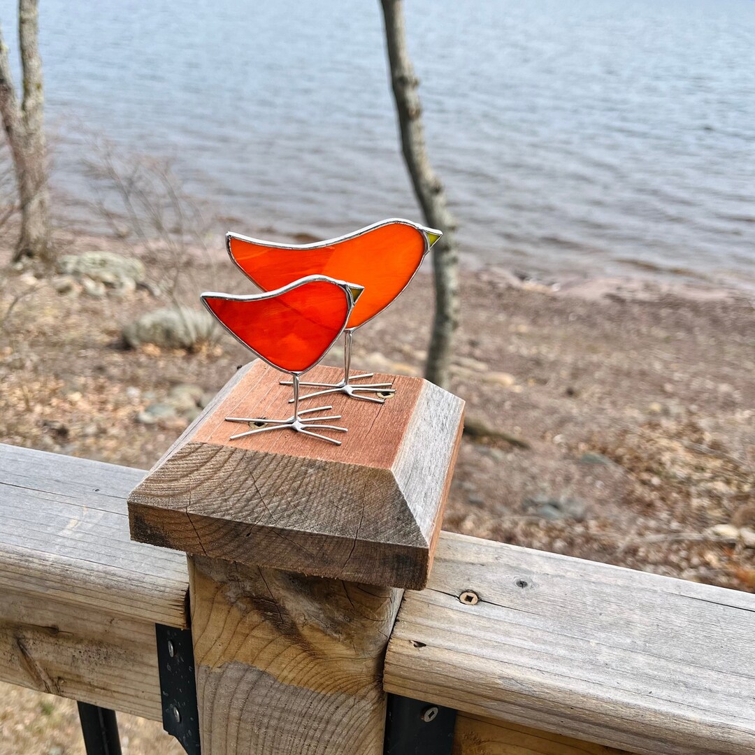 Stained Glass Bird Suncatchers, Fire Orange Folk Art Ornaments, Unique ...
