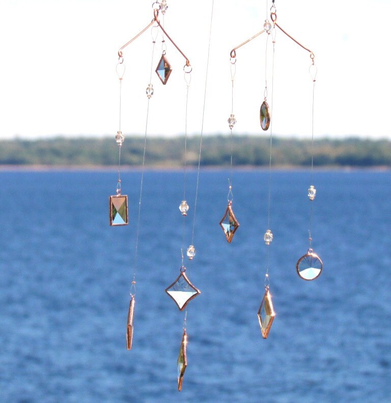 Geometric Hanging Mobile Glass Crystal and Copper Stained Glass Art ...