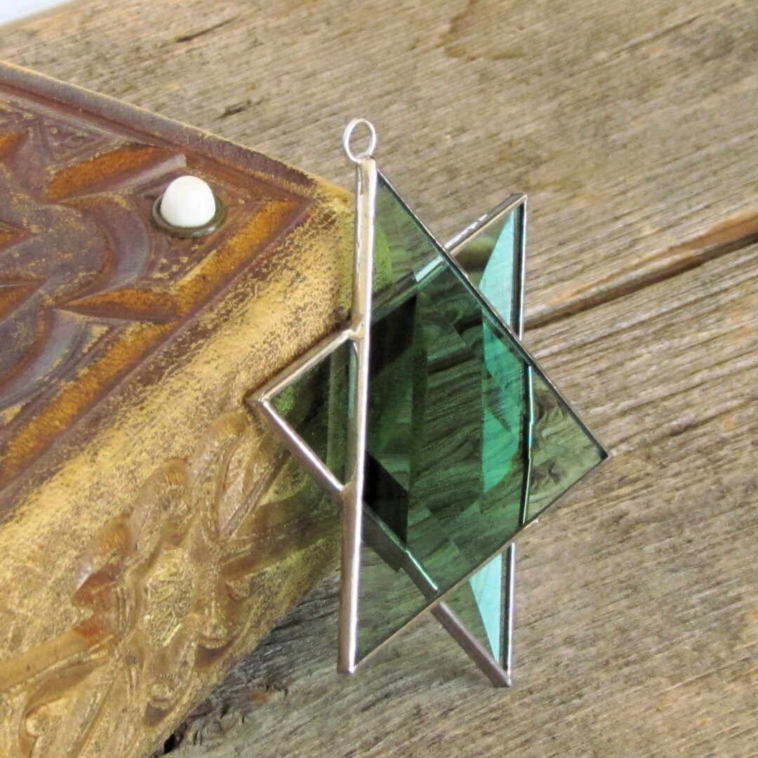 Green Beveled Stained Glass Star of David Ornament, Hanging Geometric ...