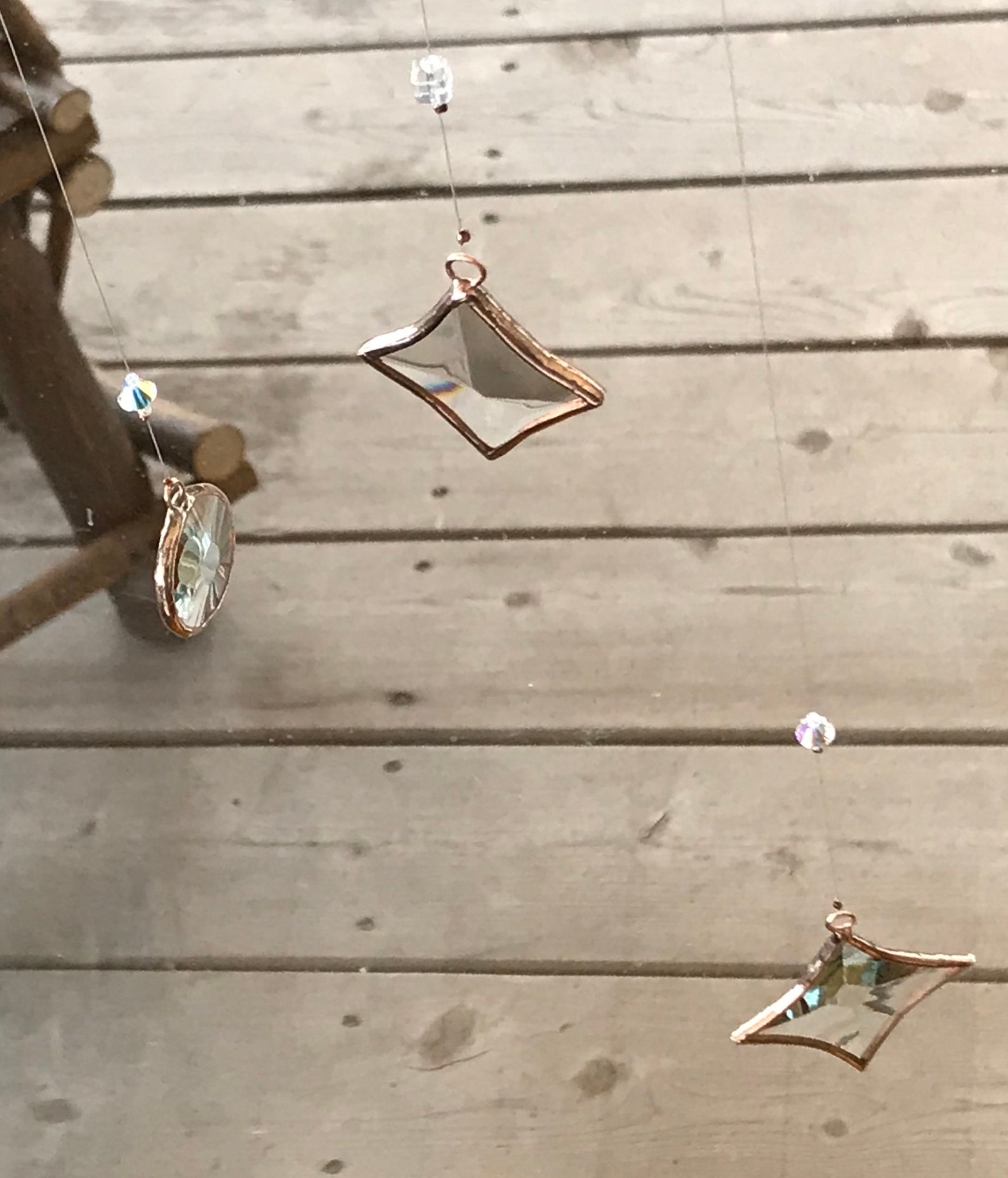 Geometric Hanging Mobile Glass Crystal and Copper Stained Glass Art ...