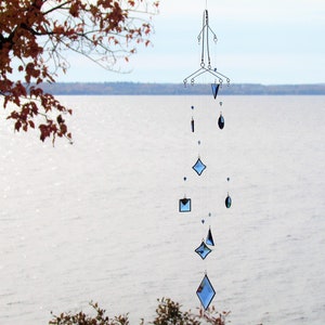 Blue Glass Crystal Hanging Mobile Blue Sparkling Geometric Art Handmade ...