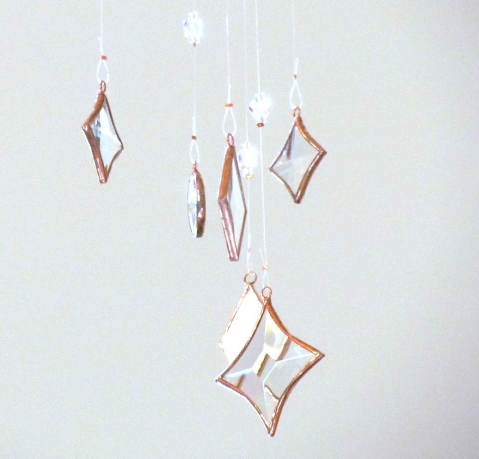 Geometric Hanging Mobile Glass Crystal and Copper Stained Glass Art ...